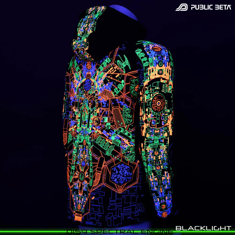 Glow in Blacklight Psyart Printed Hooded Sweater. Public Beta Wear